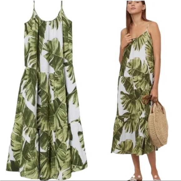 H&M | Dresses | Hm Midi Midaxi White Sundress Tropical Palm Leaves ...